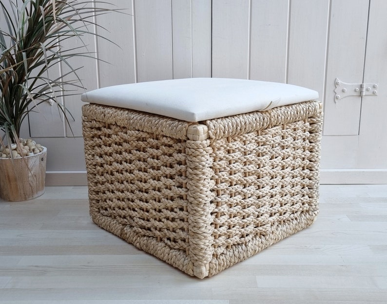 Vintage Storage Ottoman Wicker Stool Square Wicker - Etsy