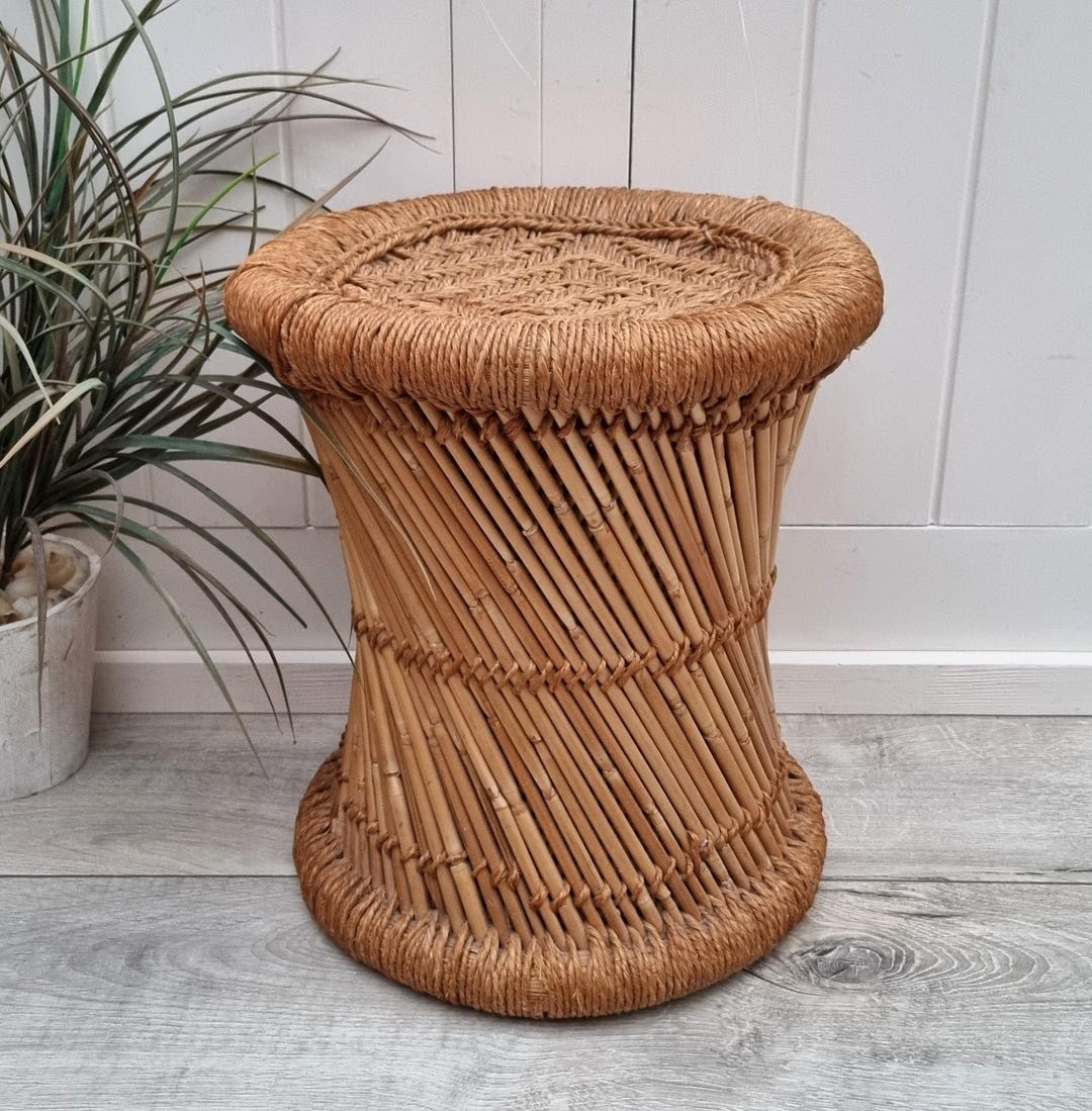 70's Round Wicker Stool, Bamboo Plant Stand, Plant Table, Coastal Decor ...