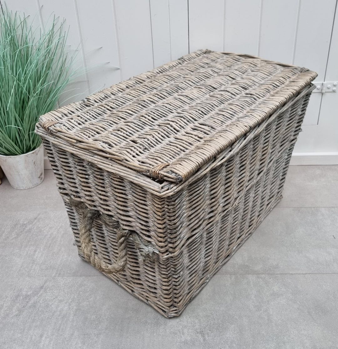 Large Gray Wicker Basket, Lidded Wicker Basket, Rectangular Wicker ...