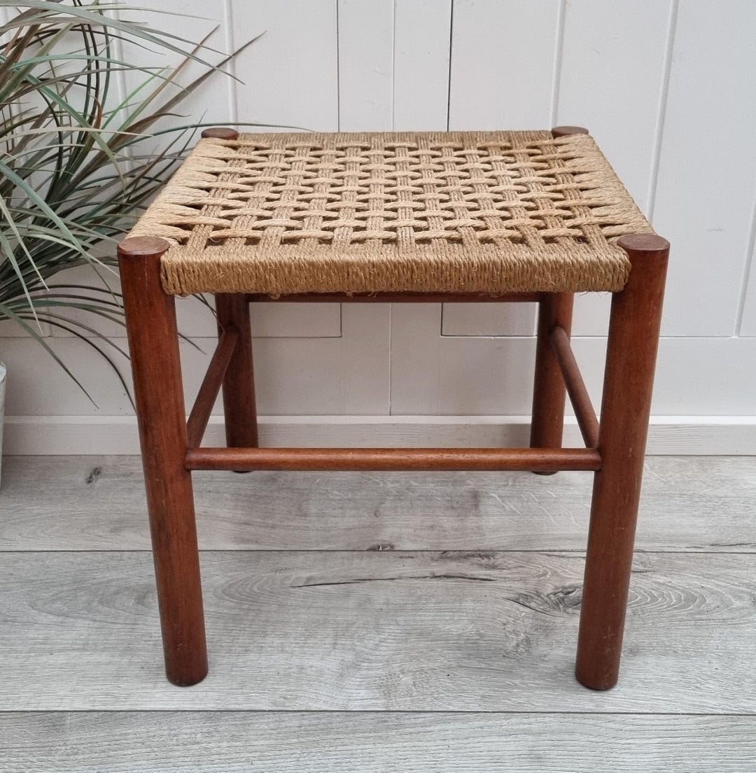 Square Wooden Stool, Woven Wicker Seat, Vintage Footstool, Plant Stand ...