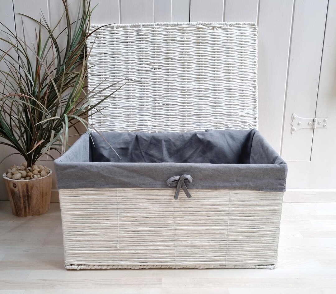 Large White Wicker Chest, Paper Straw Lidded Basket for Storage, Wicker ...