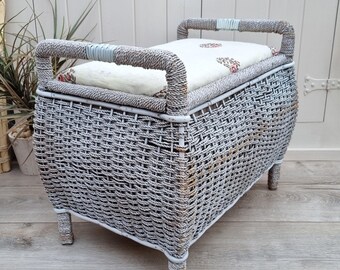 Vintage Storage Ottoman, Wicker Stool, Square Wicker Footstool, Storage ...