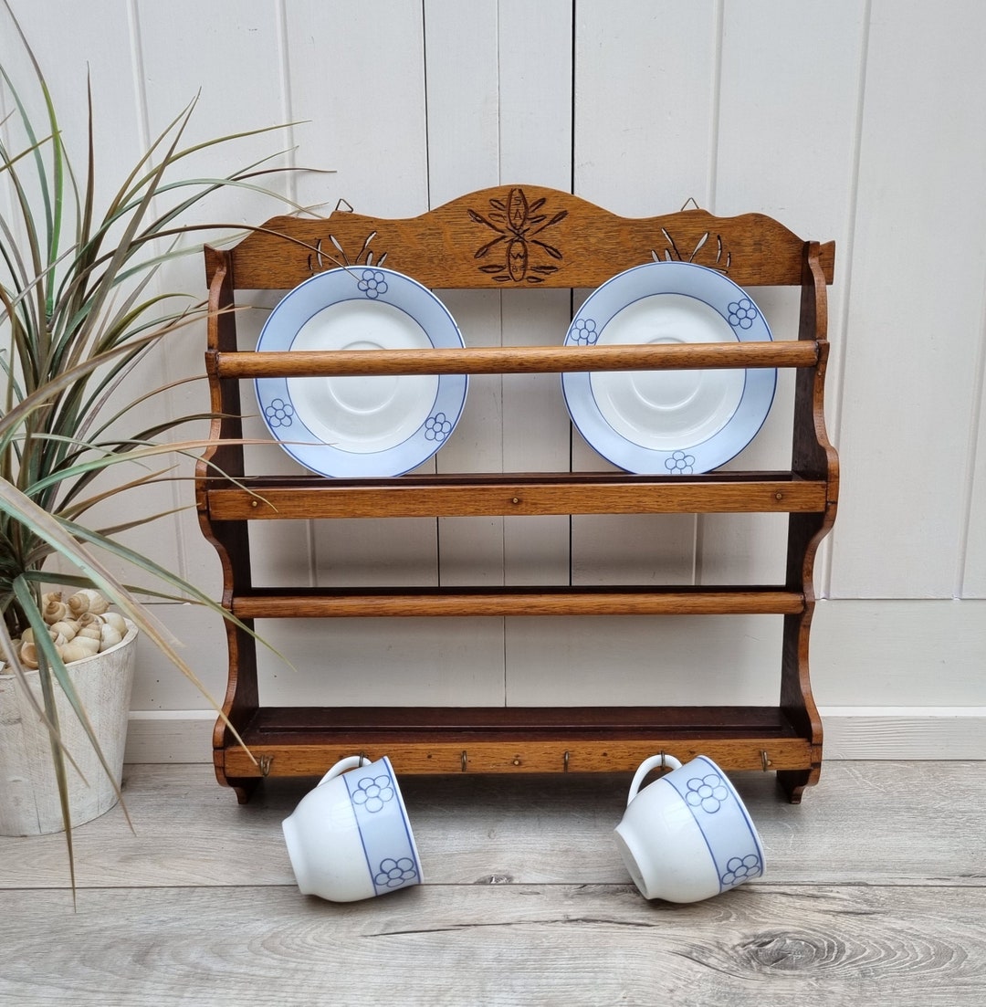 Vintage Plate Rack, Hand Carved Plate Shelf, Wooden 2 Shelf Plate Rack ...