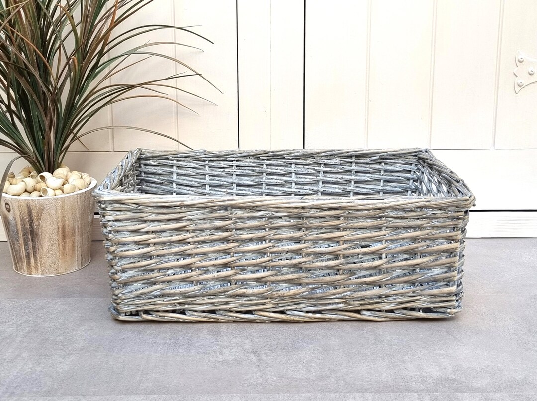 Vintage Rectangular Grey Wicker Basket, Wicker Magazine Holder, Grey ...