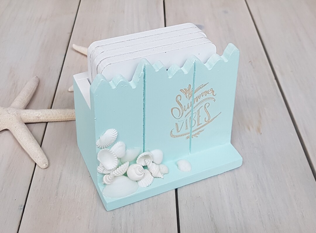 Summer Vibes Coastal Set of 4 Wooden Coasters Cork Mint - Etsy