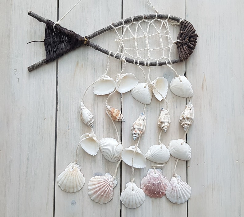 Wicker Fish & Shell Wind Chime Coastal Mobile Seashell Wind | Etsy