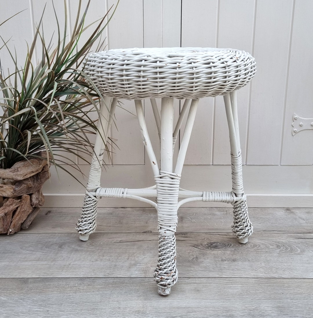 White Wicker and Bamboo Stool, White Wicker Stool, Bamboo Plant Stand ...