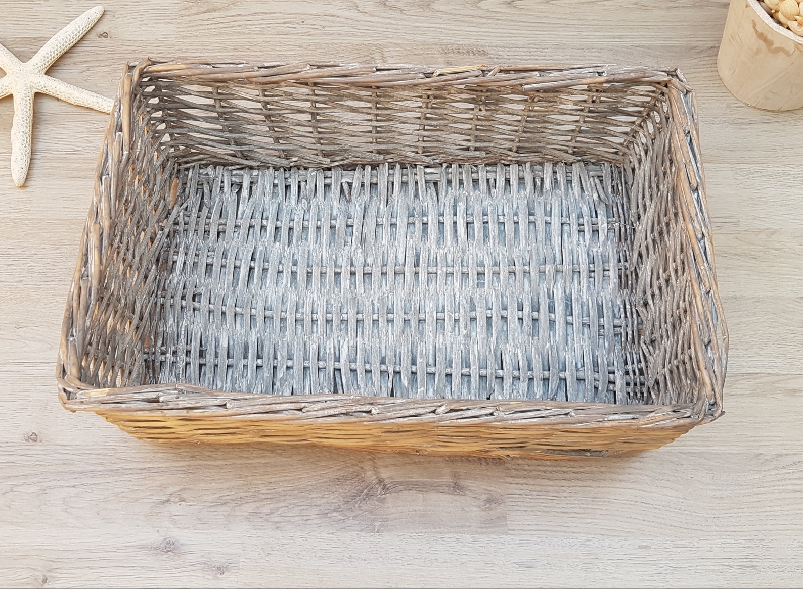 Vintage Rectangular Grey Wicker Basket With Lining Decorative - Etsy