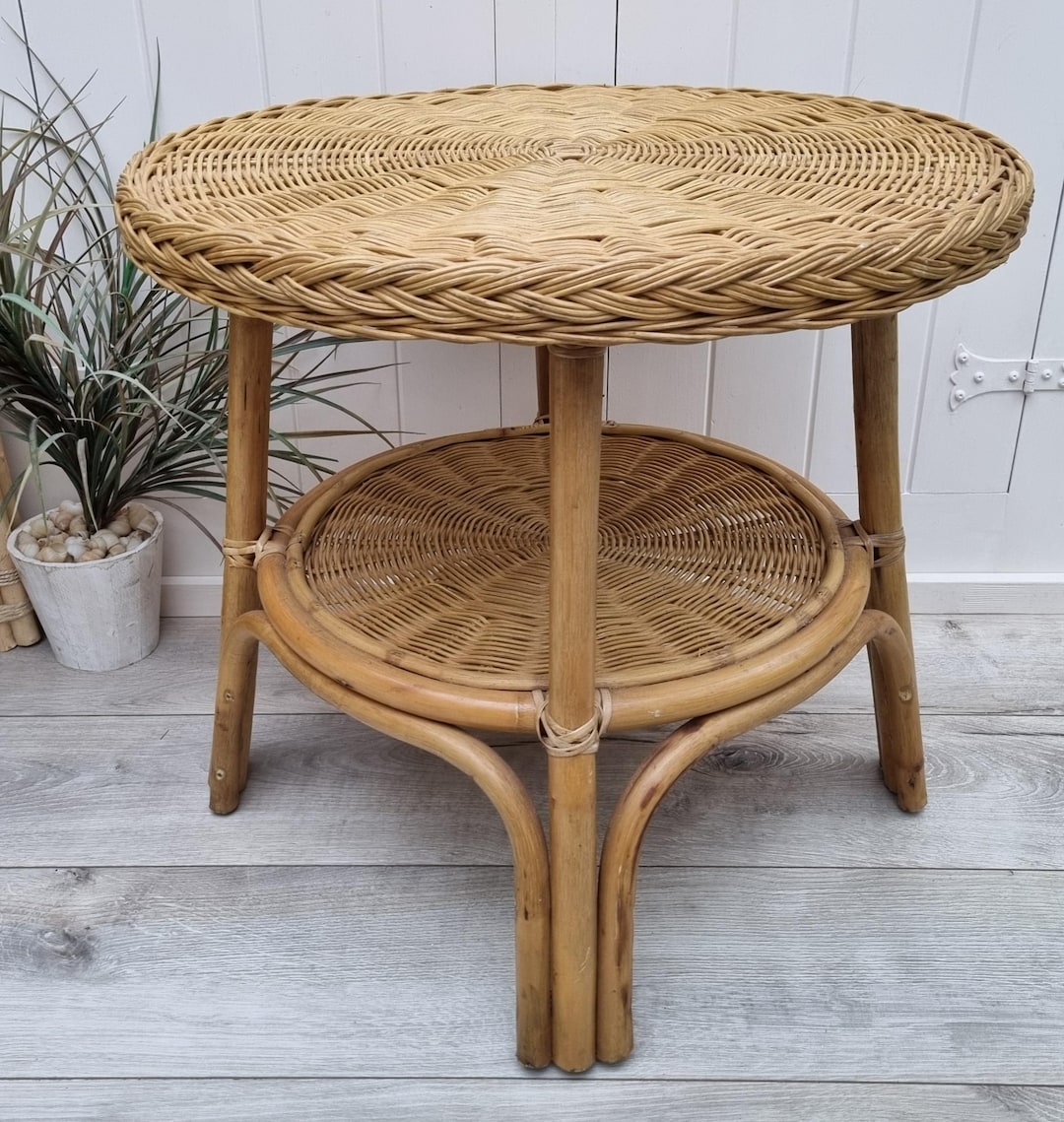 Round Wicker Side Table, 2 Tier Coffee Table, Bamboo Occasional Table ...