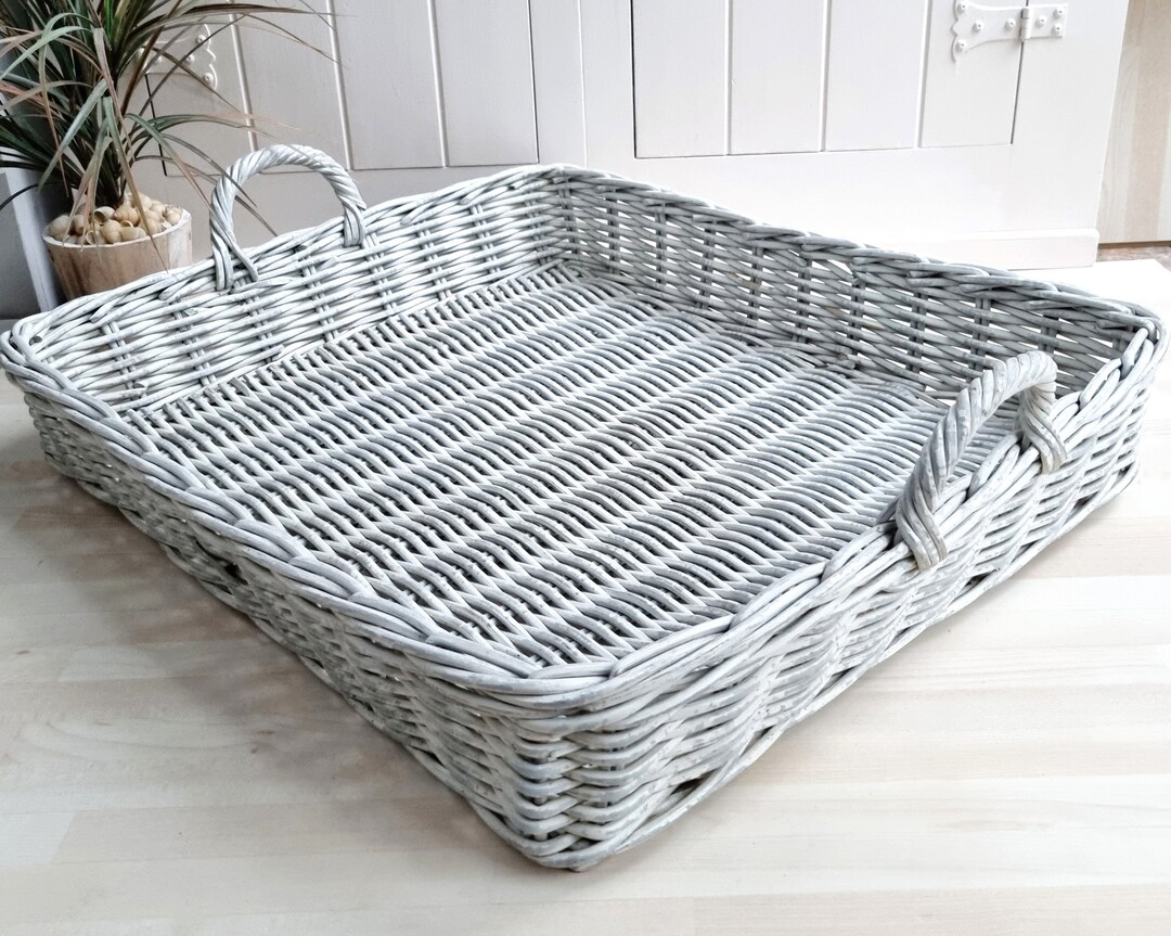 Large Light Grey Wicker Basket, Rectangular Decorative Tray, Wicker ...