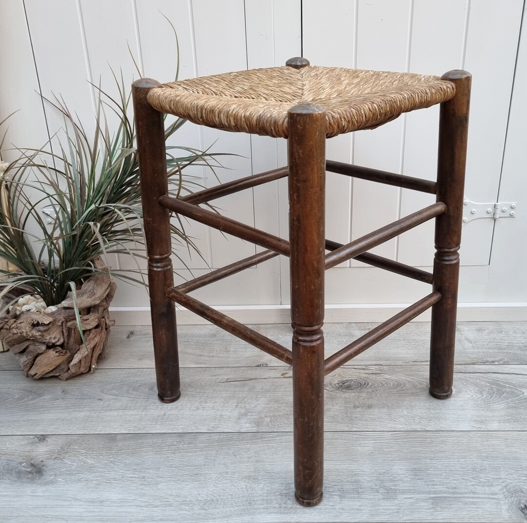 Vintage Rush Seat Stool, Solid Oak Wood, Straw Seat Stool, Sturdy ...