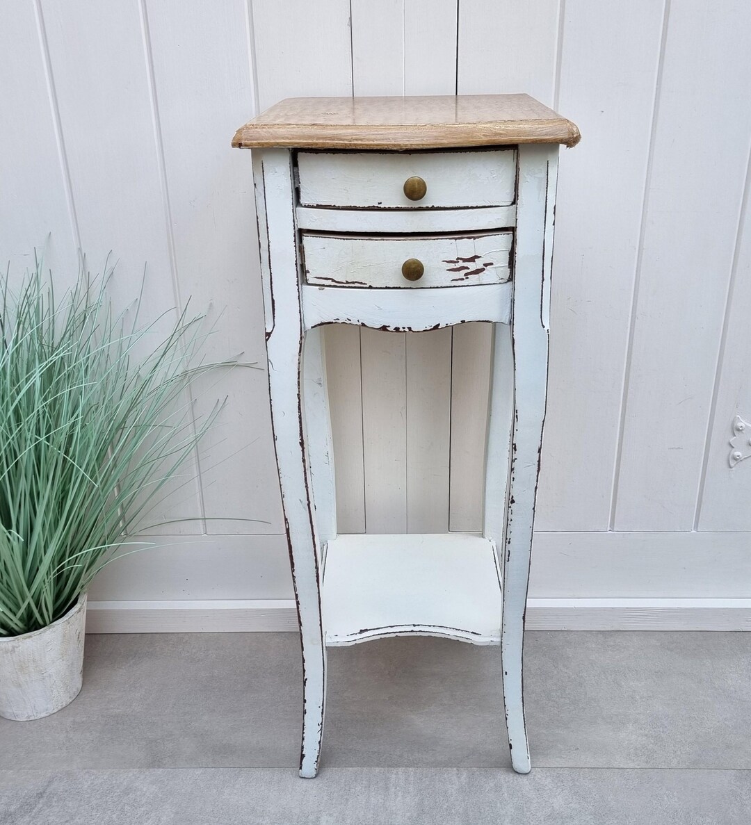 White Wooden Plant Table, Distressed Wooden Side Table, 2 Tier Plant ...