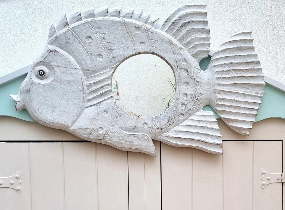 Vintage Large Coastal Mirror, Coastal Wall Decor, White Wood, Fish ...