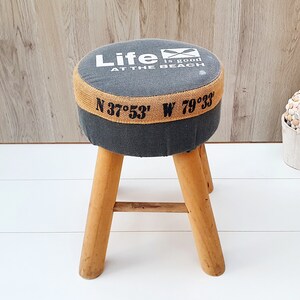 Vintage Upholstered Stool 'life is Good at the Beach', Wooden Foot ...