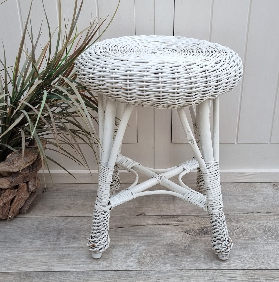 White Wicker and Bamboo Stool, White Wicker Stool, Bamboo Plant Stand ...