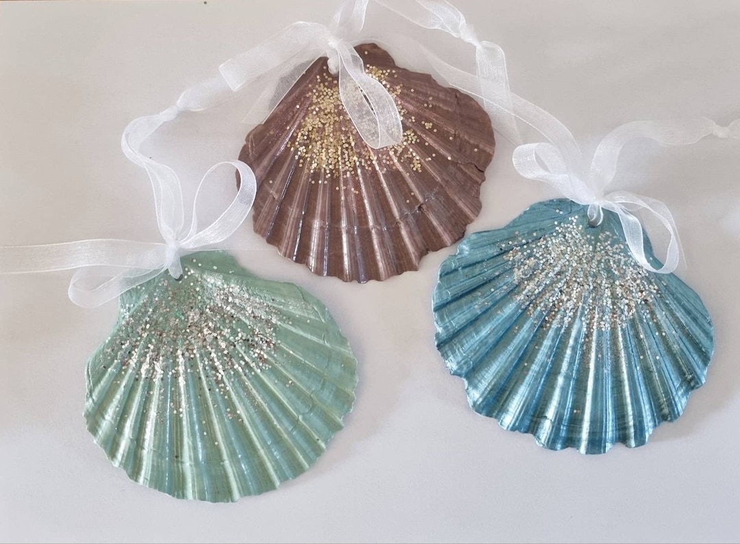 Christmas Ornaments, 3 Hand Painted and Glittered Shells, Beach ...