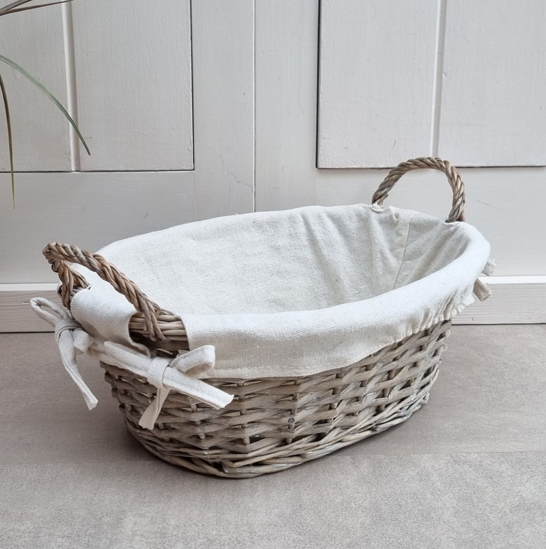 Oval Gray Wicker Basket With Lining, Wicker Basket, Bathroom Basket ...