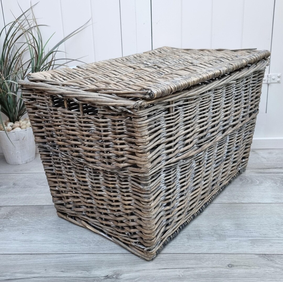 Large Gray Wicker Basket, Lidded Wicker Basket, Rectangular Wicker ...
