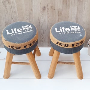 Vintage Upholstered Stool 'life is Good at the Beach', Wooden Foot ...
