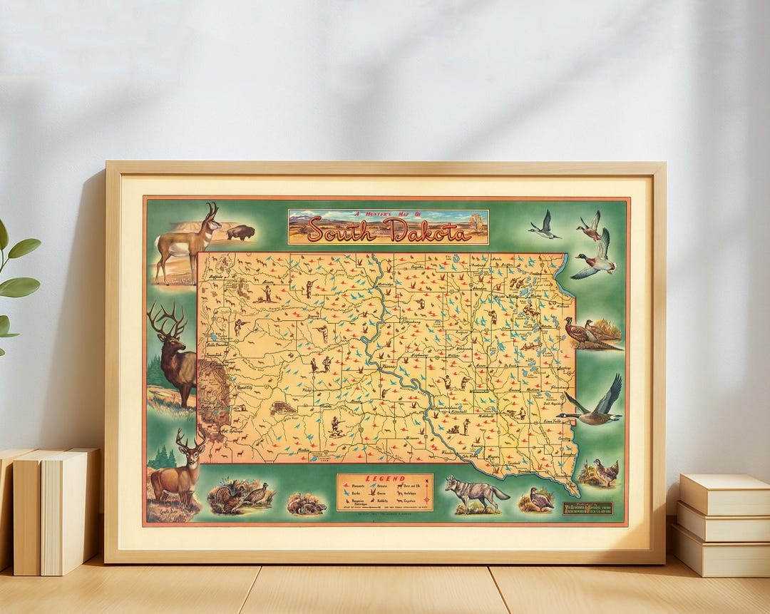 Vintage Hunter’s Map of South Dakota Poster – Illustrated Wildlife ...