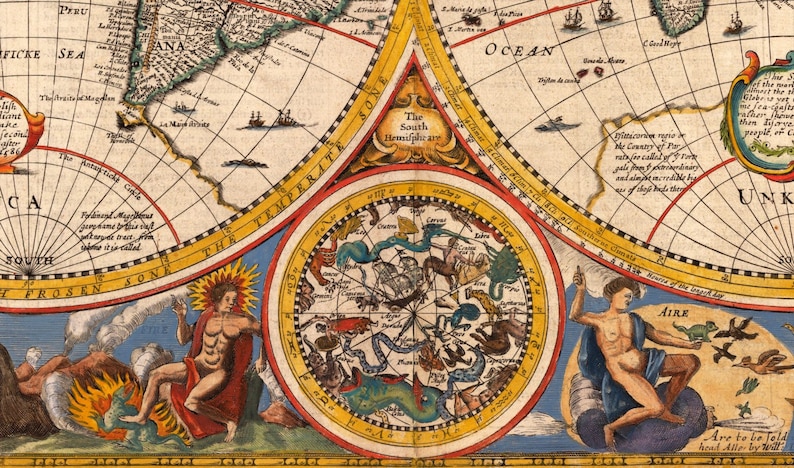 Vintage World Map Poster – 1651 Double Hemisphere Map – Baroque Style ...