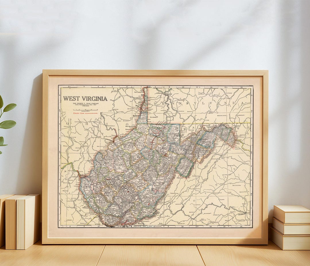 Vintage West Virginia Map Poster – Antique Mountain State Wall Art ...