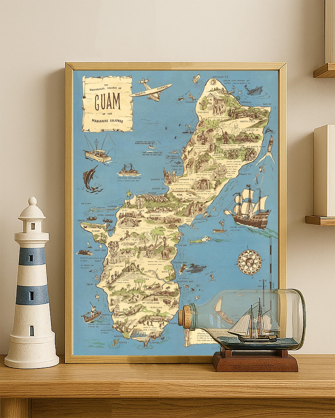 Vintage Map of Guam Pictorial – Historic Guam Map Print – Illustrated ...