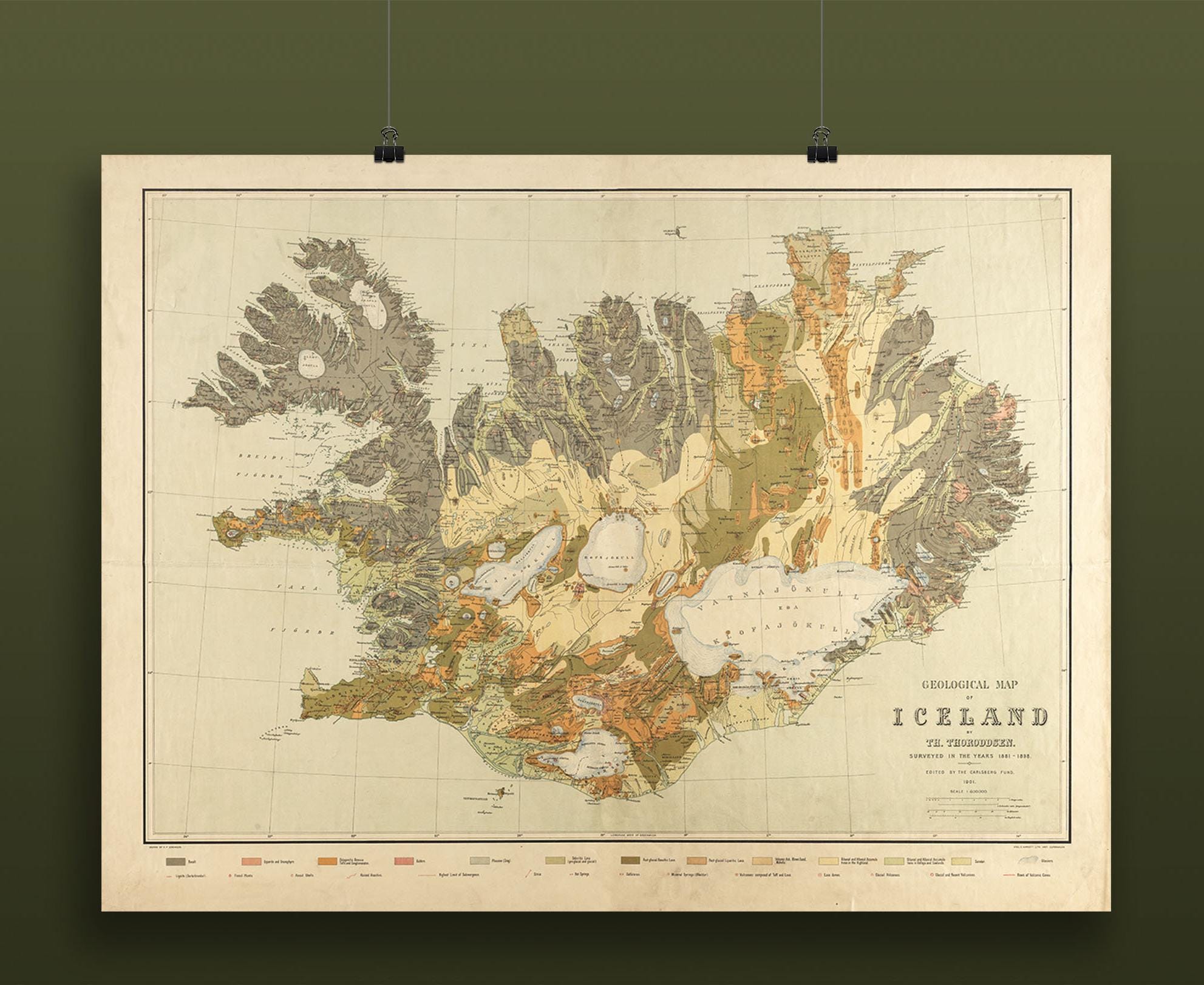 Vintage Geological Map of Iceland – 1901 William Thordarson Print ...