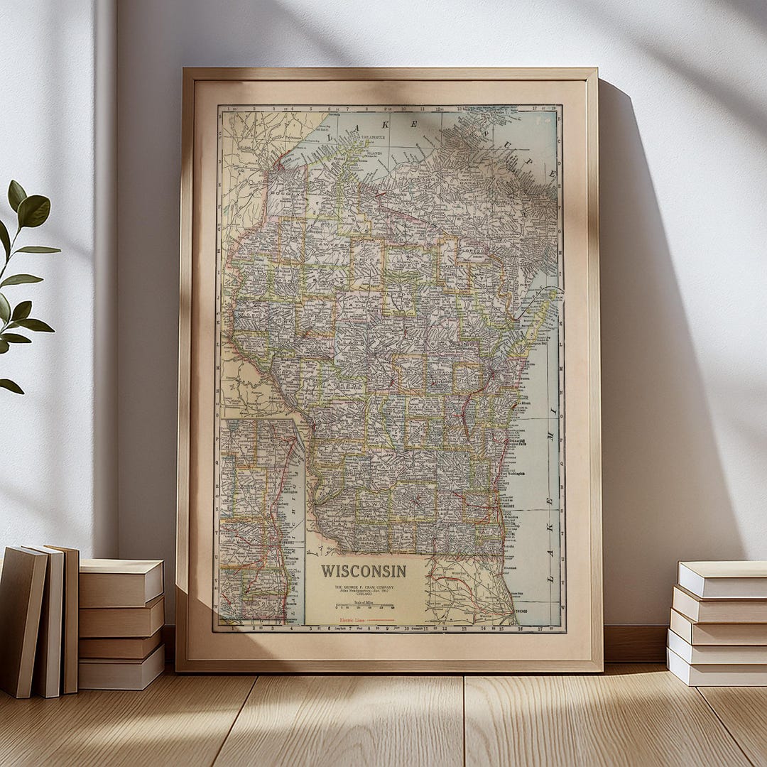 Vintage Wisconsin Map Poster – Antique Badger State Wall Art – Historic ...