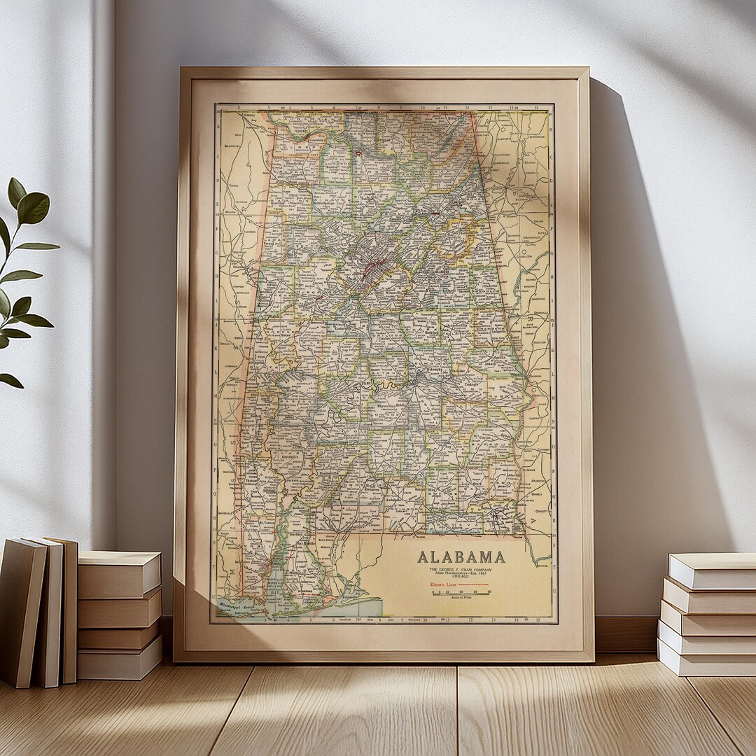 Vintage Alabama Map Poster – 1920 Historical State Map Wall Art ...