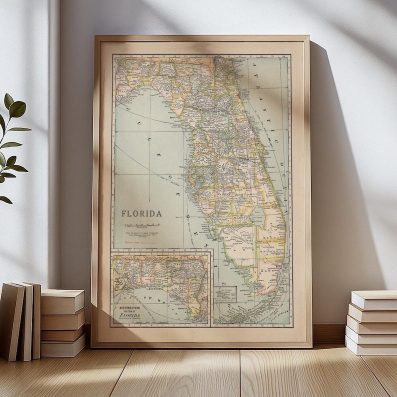 Vintage Florida Map Poster – Antique 1920 State Map Reproduction ...