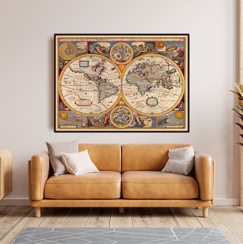 Vintage World Map Poster – 1651 Double Hemisphere Map – Baroque Style ...