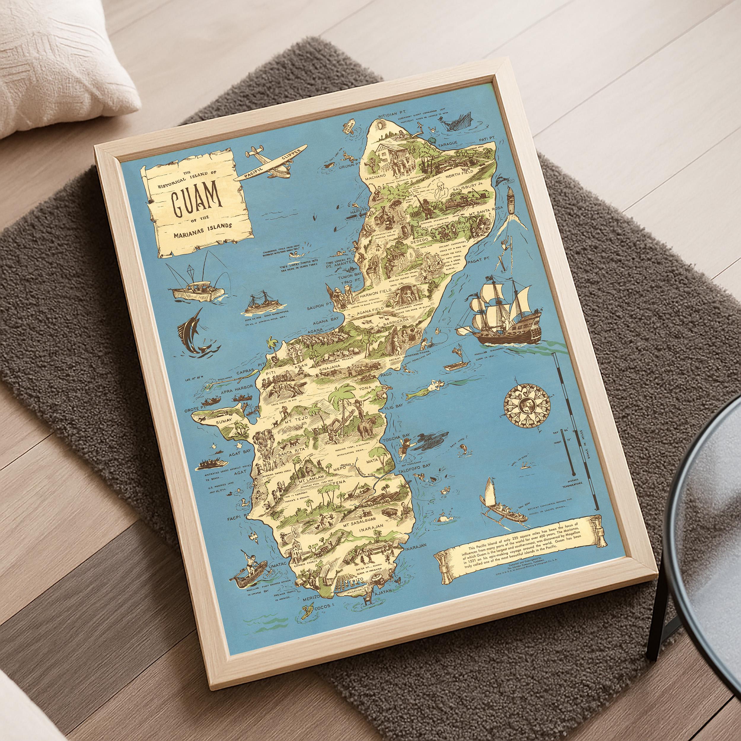 Vintage Map of Guam Pictorial – Historic Guam Map Print – Illustrated ...