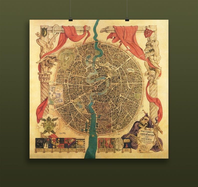 Vintage Discworld Fantasy Map Poster – Terry Pratchett City Art Print ...