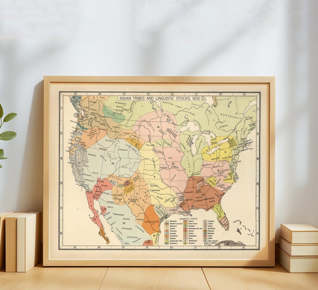 Vintage Native American Tribes Map 1650 – Indian Tribes Linguistic ...