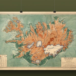 Vintage Iceland Physical Map Print Antique 1928 Poster Gif Gor Him Her ...