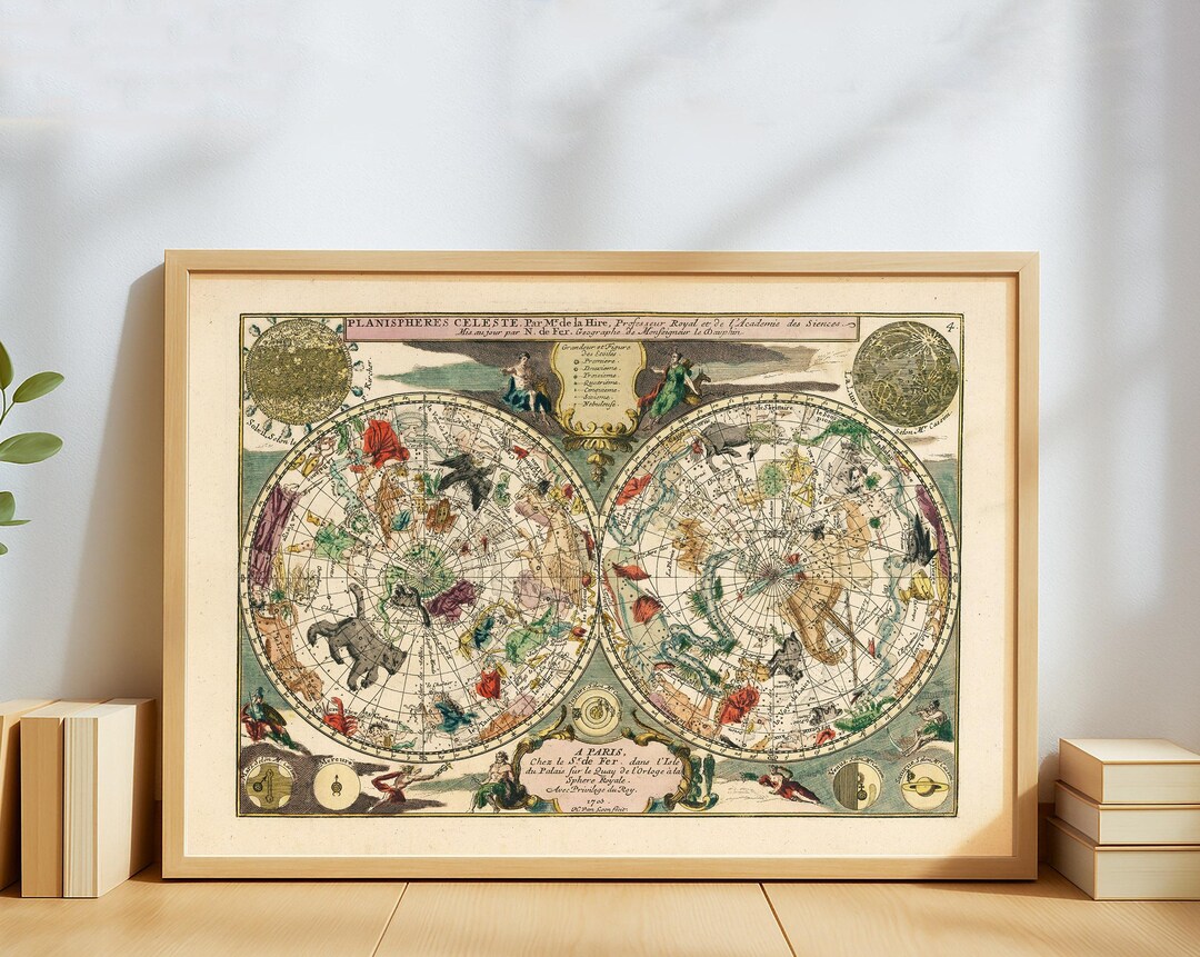 Vintage Celestial Map – 17th Century Star Constellation Chart – Planisphère Céleste by De La ...