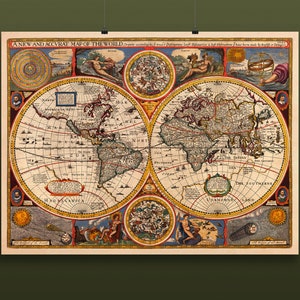 Vintage World Map Poster – 1651 Double Hemisphere Map – Baroque Style ...