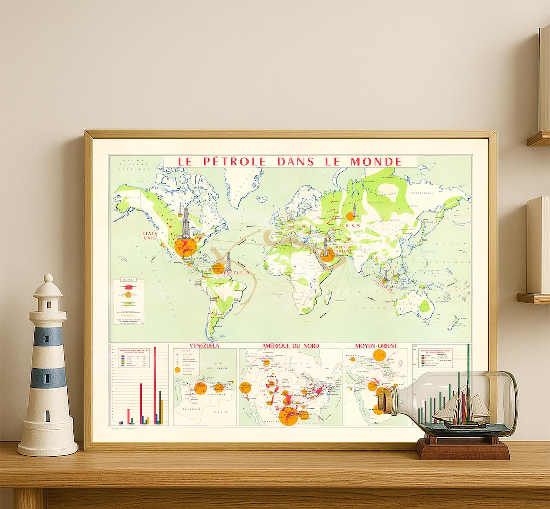 Vintage Oil Map Poster – World Petroleum Map – Industrial Energy Chart ...