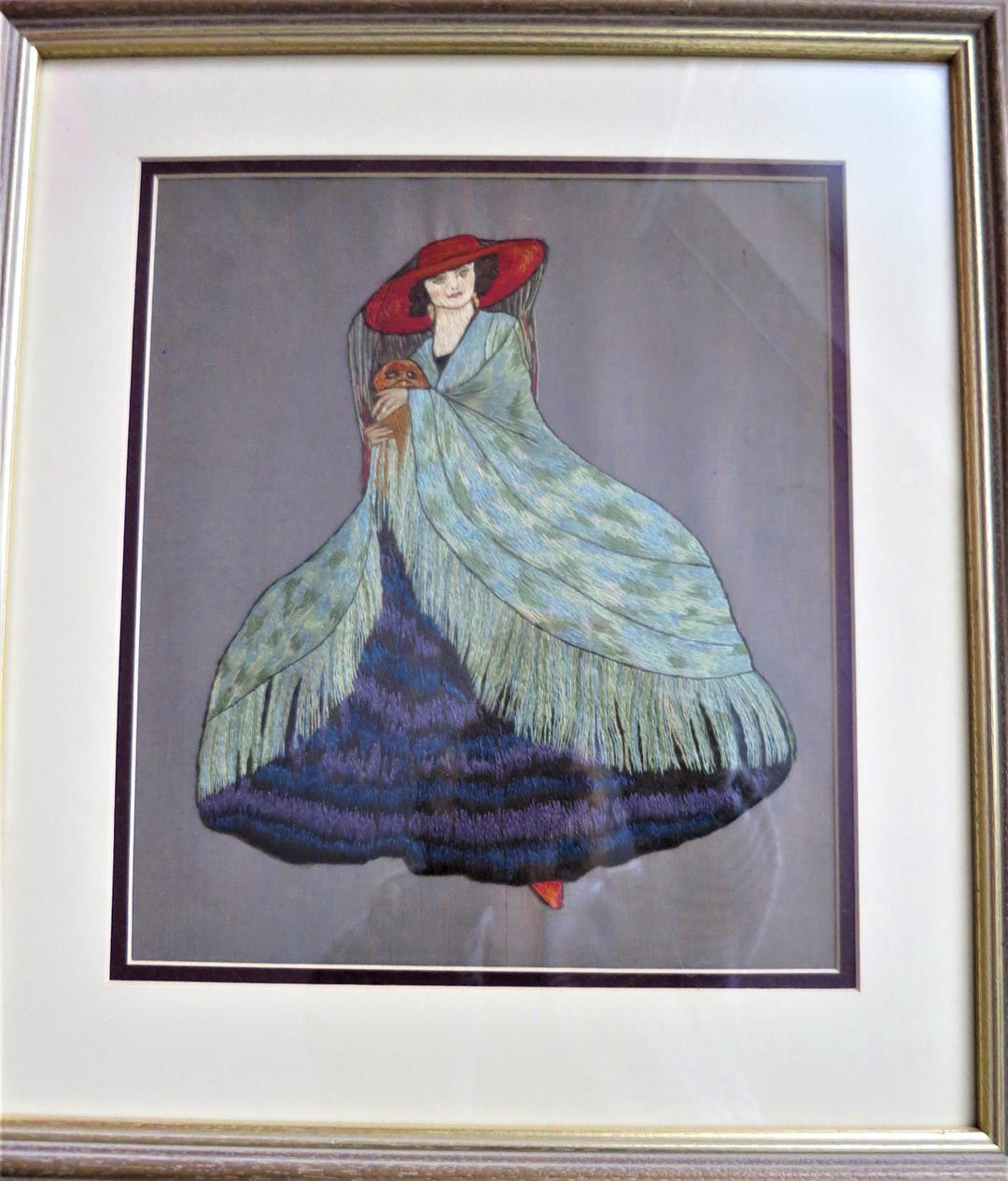 A Vintage Framed Embroidery of an Art Deco Lady in a Red Hat - Etsy