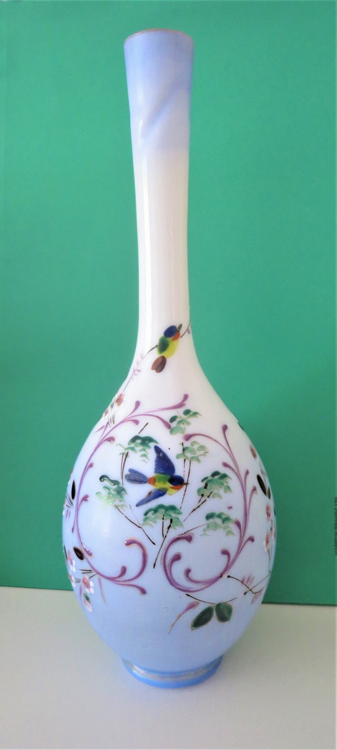 A Pretty Antique Victorian Blue Milk Glass Vase With Hand Painted Decoration - Etsy