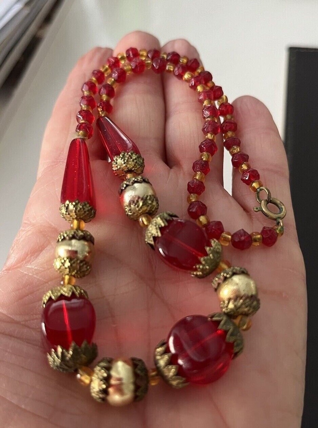 A Vintage Art Deco Neiger Brothers Red Crystal and Gold Tone Filigree ...