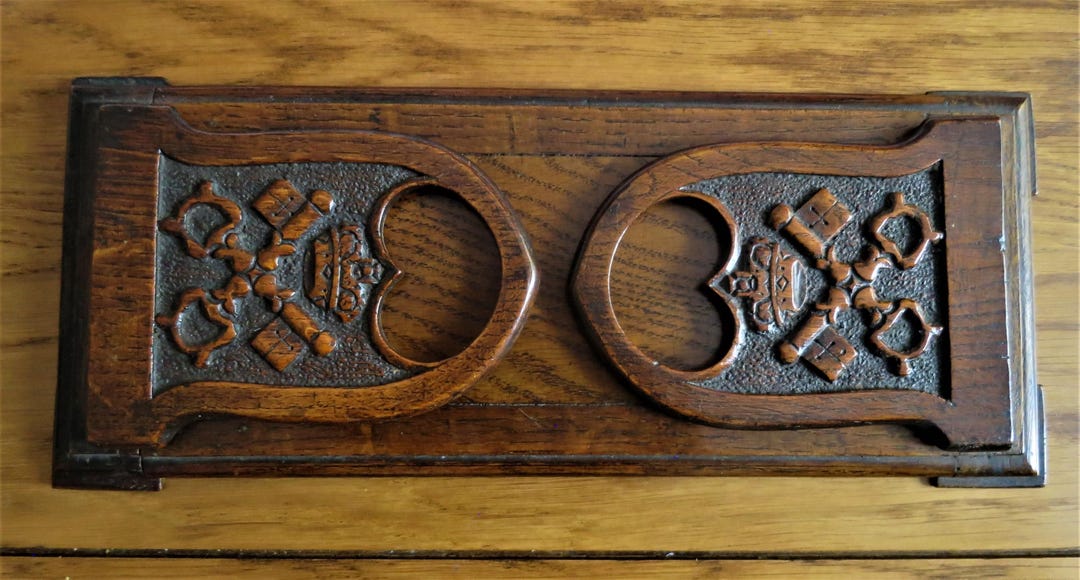 An Antique Oak Folding Book Slide/shelves/stand With an Ecclesiastical ...