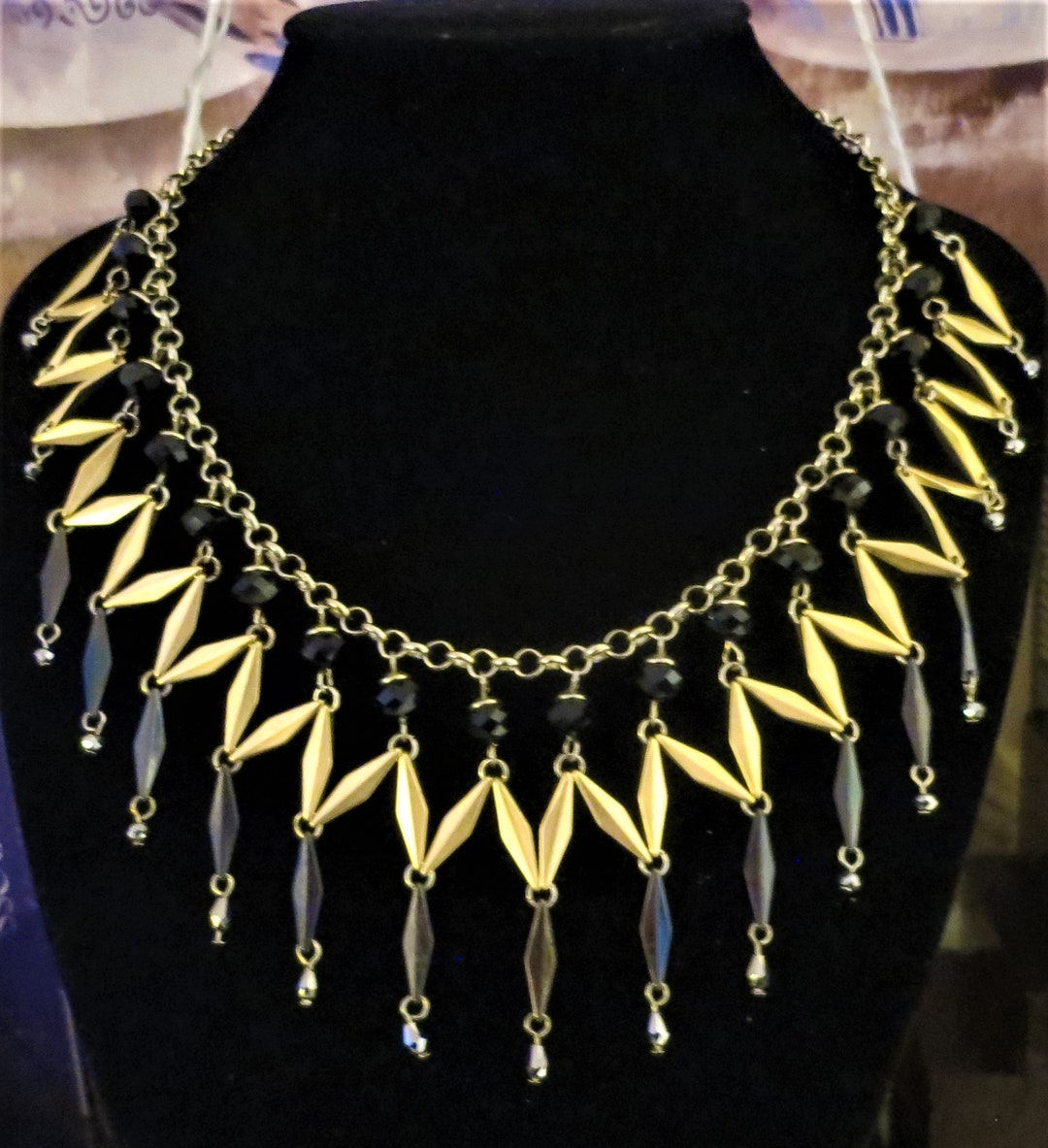 A Striking Vintage Bib Necklace in Black and Gold Metal With French Jet ...