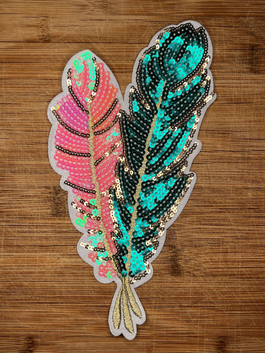 Vibrant 9x5 Inch Sequin Feather Patch Pink & Green Sew-on Embellishment ...