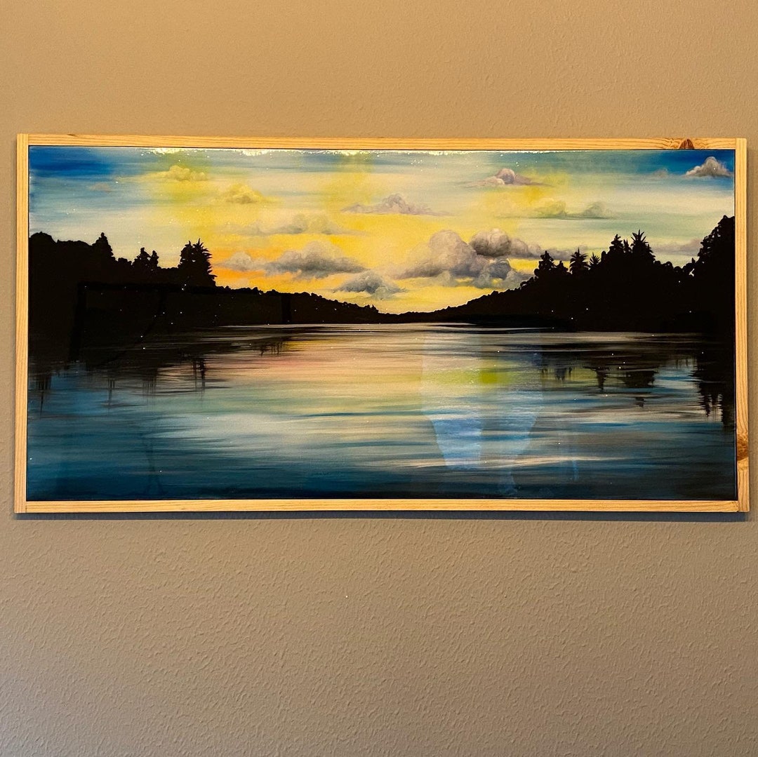 Framed 32X42 Inch Original Fine Art Painting Under Glittery Shiny Resin ...