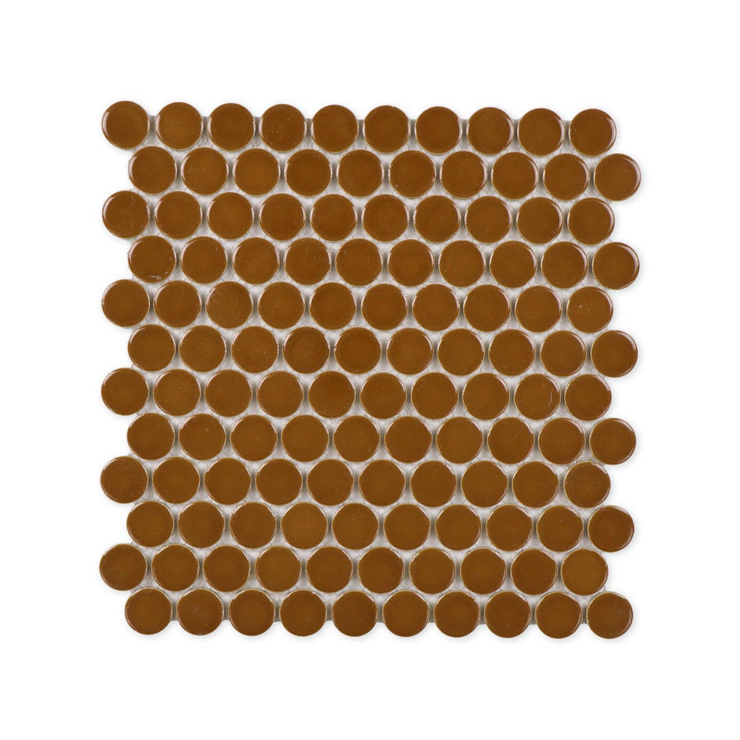 Cognac Brown Glossy Jumbo Penny Round Mosaic Tile - 14" X 14" - Box of ...