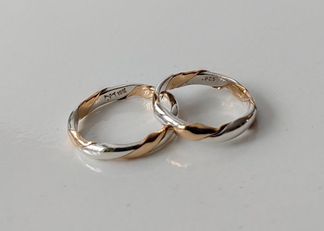 18K Solid Rose Gold and Silver Twisted Ring. Wedding 2 Color Stackable ...