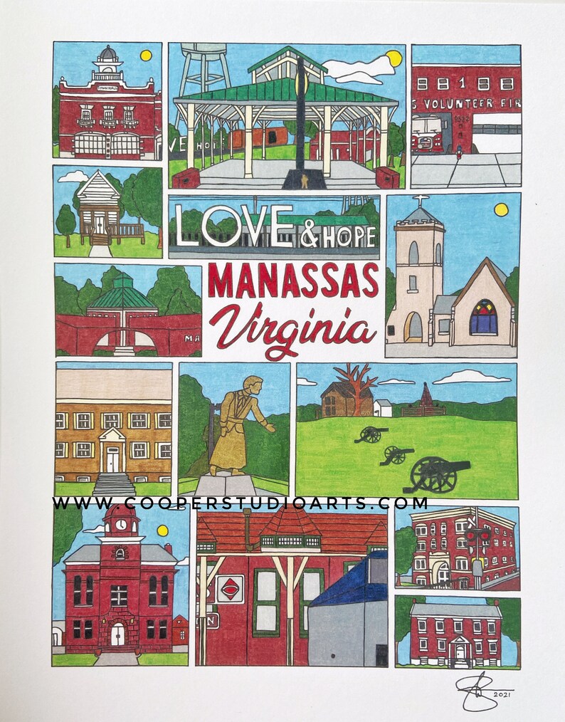 Manassas Virginia Hand Drawn Wall Art 11x14 PRINT Virginia Art Wedding ...