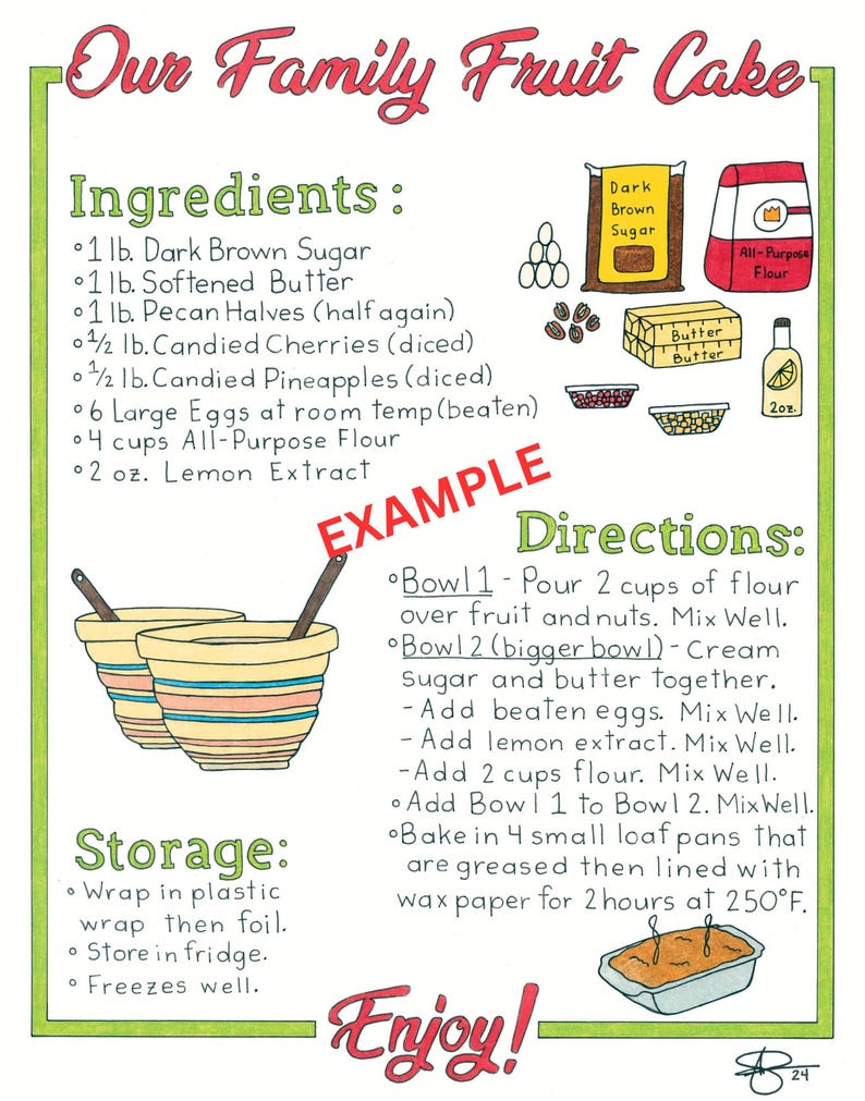 Custom Hand-drawn Illustrated Recipe: Personalized Kitchen Art (11"x14 ...